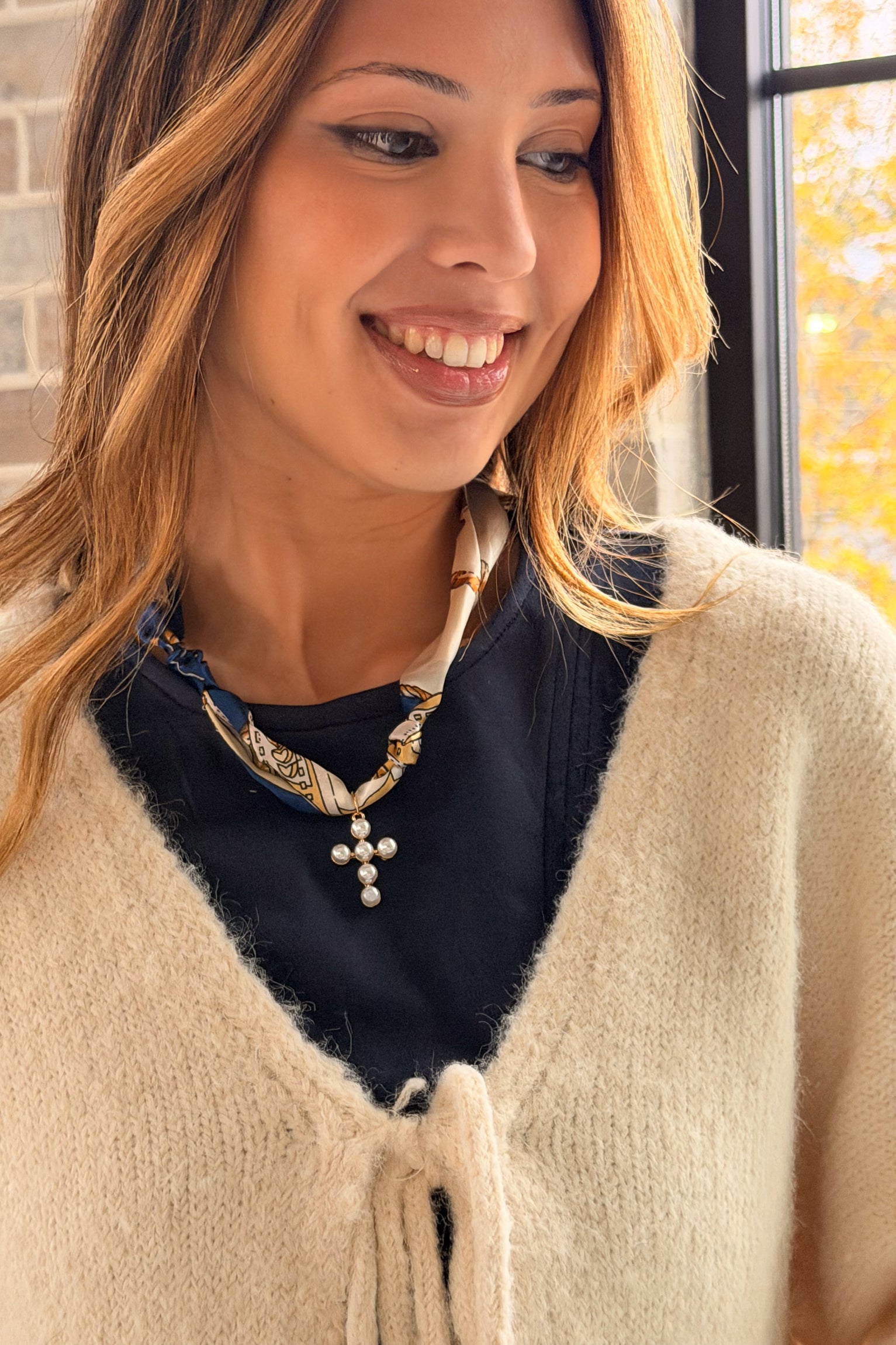 Valerie Blue Multi & Pearl Cross Necklace - Lizard Thicket