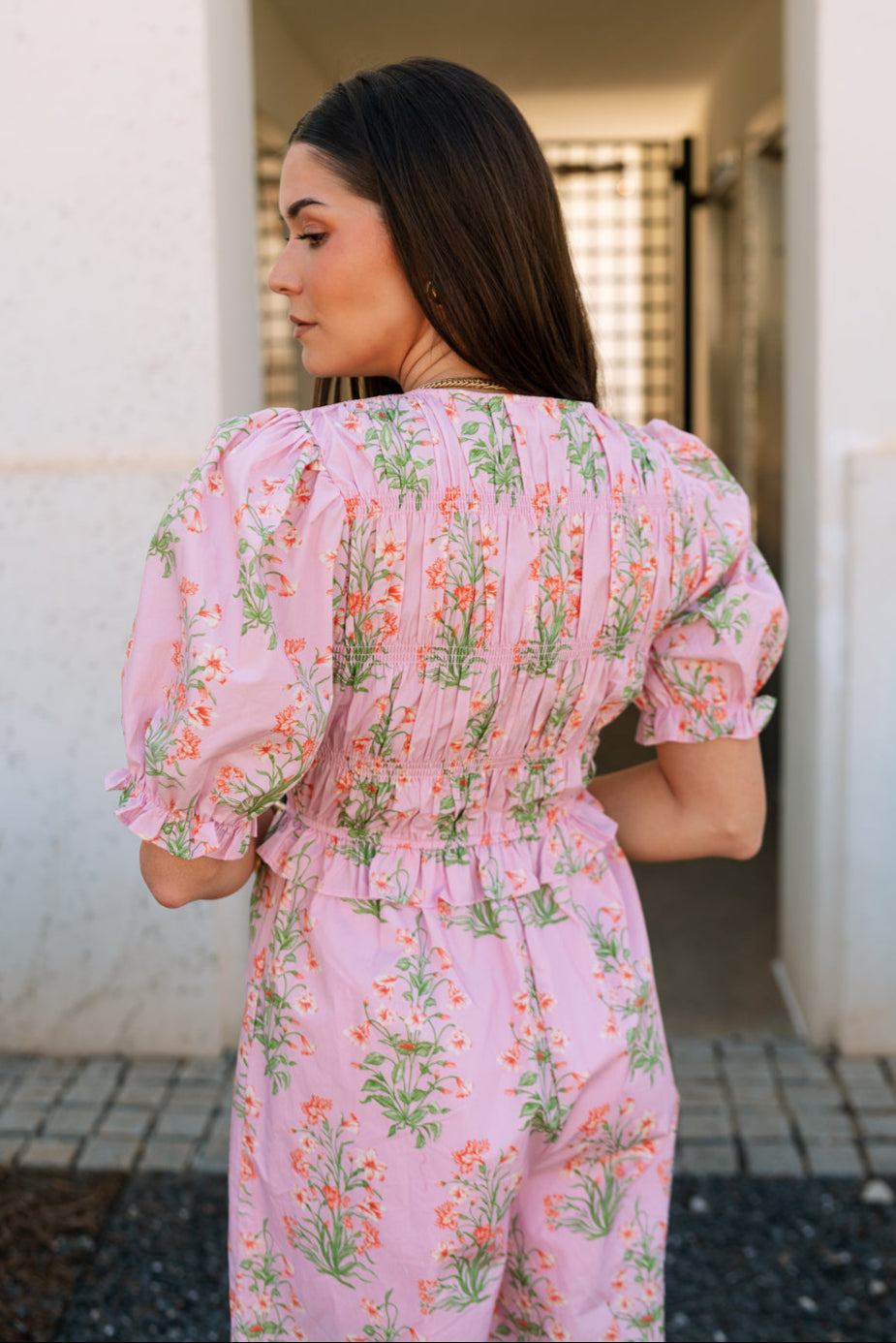 Pink Floral Jumpsuit - Paloma Wide-Leg Puff Sleeve Jumpsuit - M ...