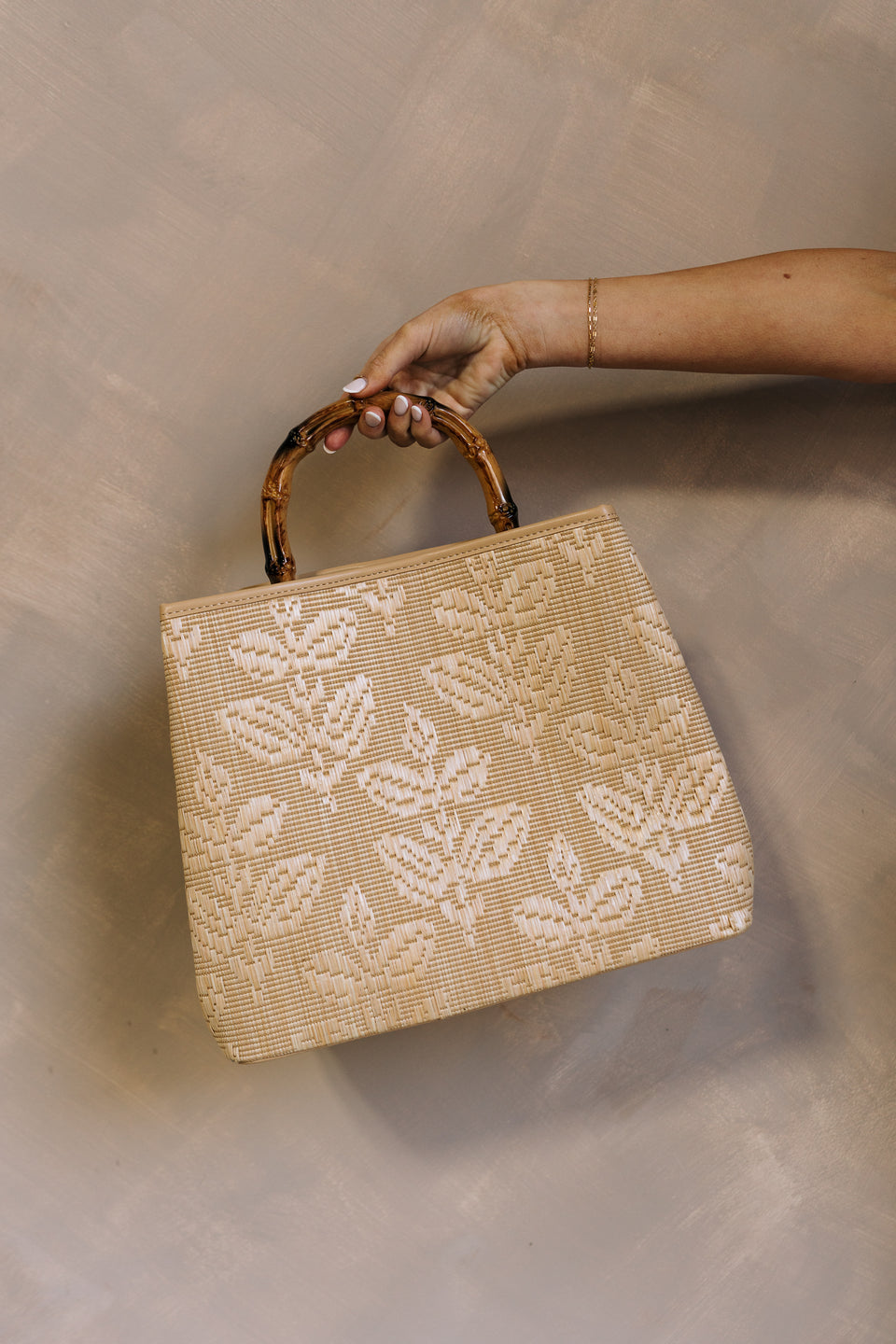 Riviera Natural Floral & Bamboo Handle Purse - Lizard Thicket