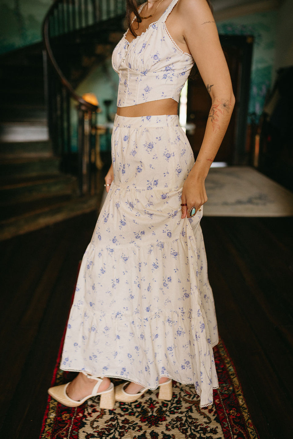 Willow Cream & Blue Floral Midi Skirt - Lizard Thicket
