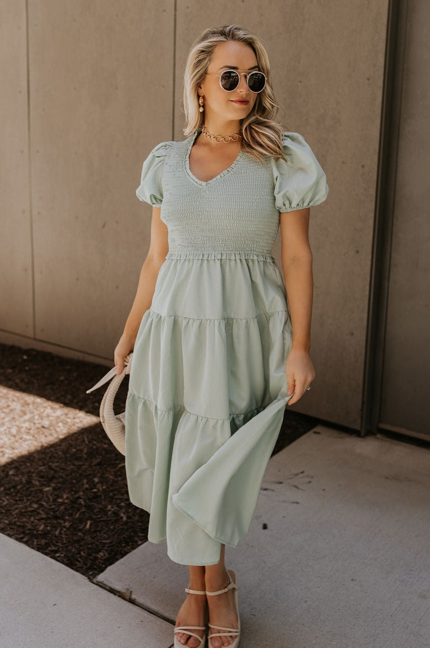 Sloan Sage Puff Sleeve Midi Dress - Lizard Thicket