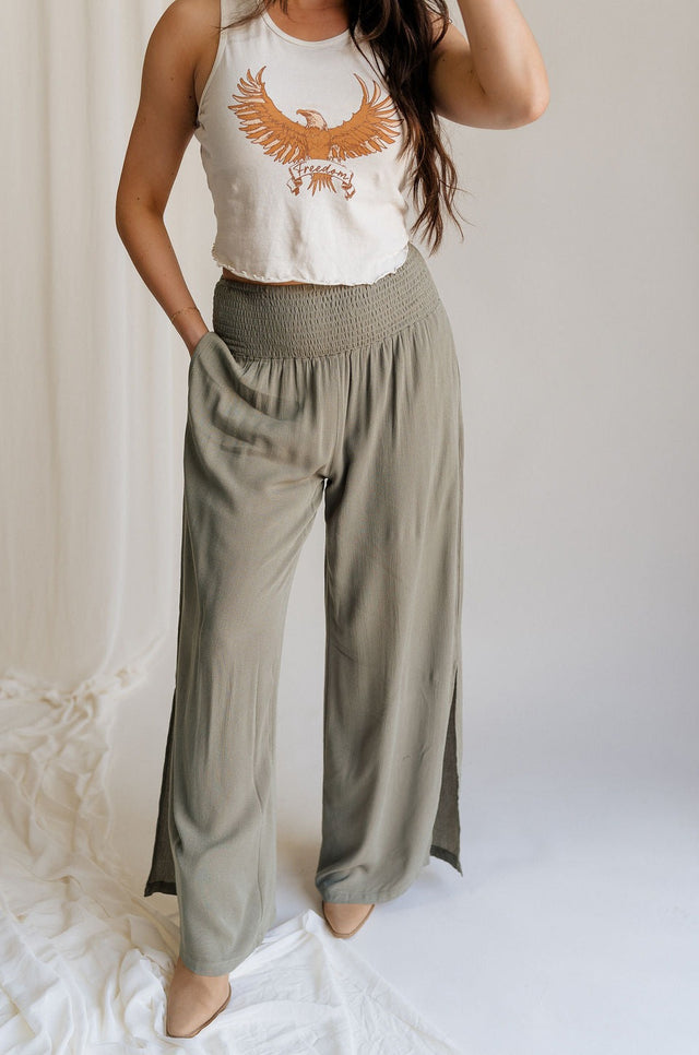 Audrey Olive Green Wide Leg Pants - Lizard Thicket
