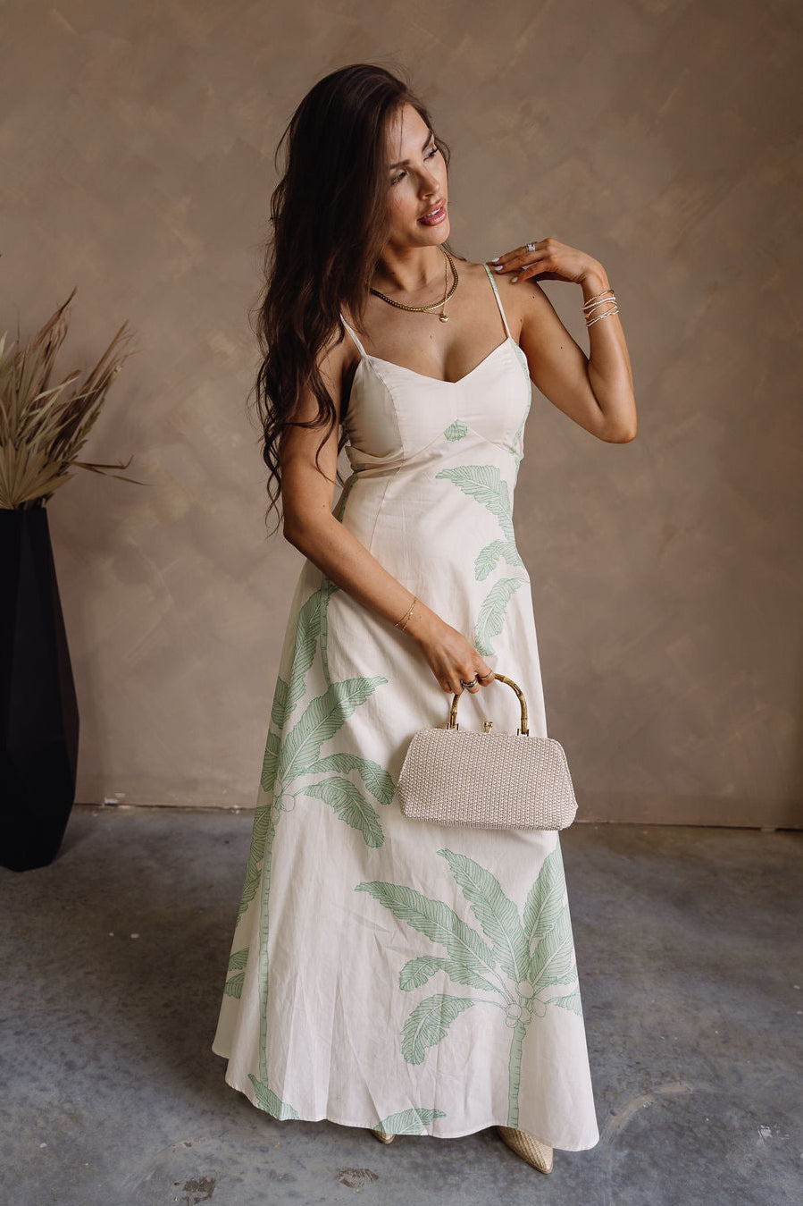 Samara Cream & Light Green Palm Leaf Maxi Dress - Lizard Thicket