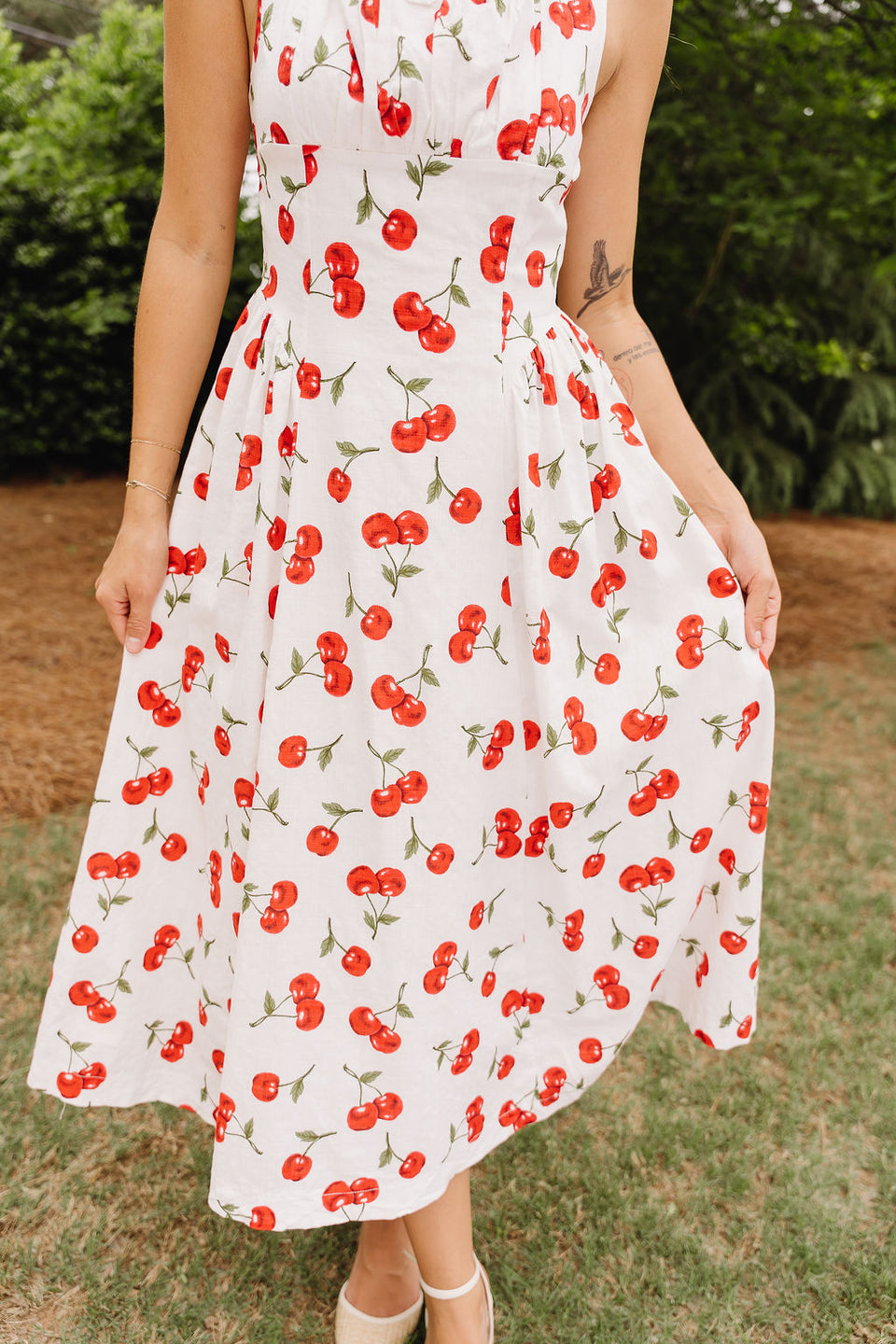 White Cherry Print Midi Dress – Sleeveless Summer Midi - Lizard Thicket