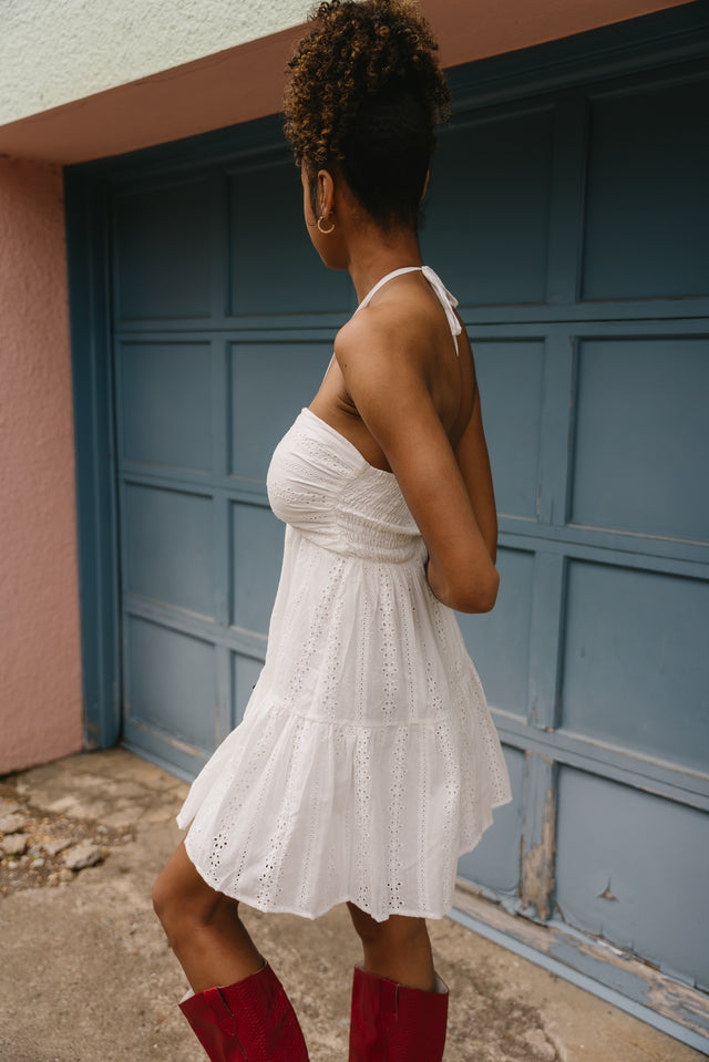 Grace White Eyelet Flare Mini Dress - Lizard Thicket