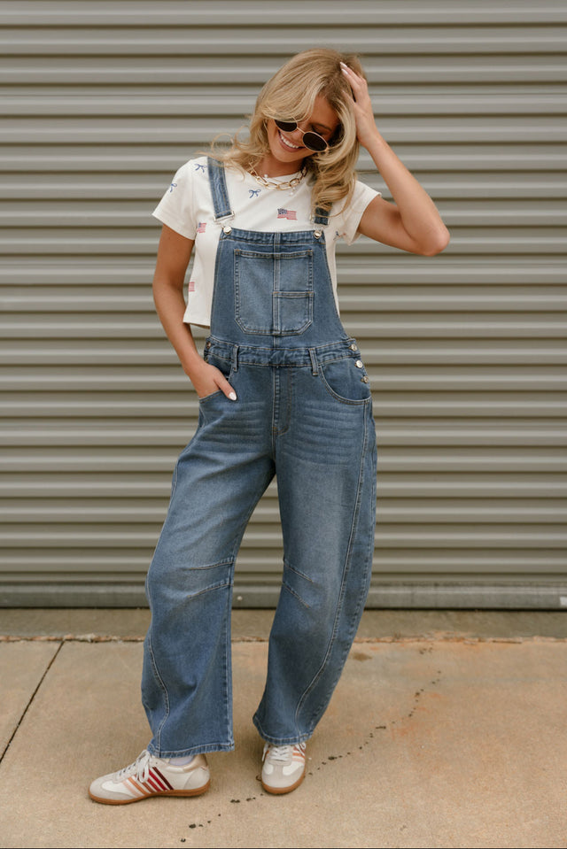 Barrel Leg Overalls - Medium Wash Denim Overalls - Lizard Thicket