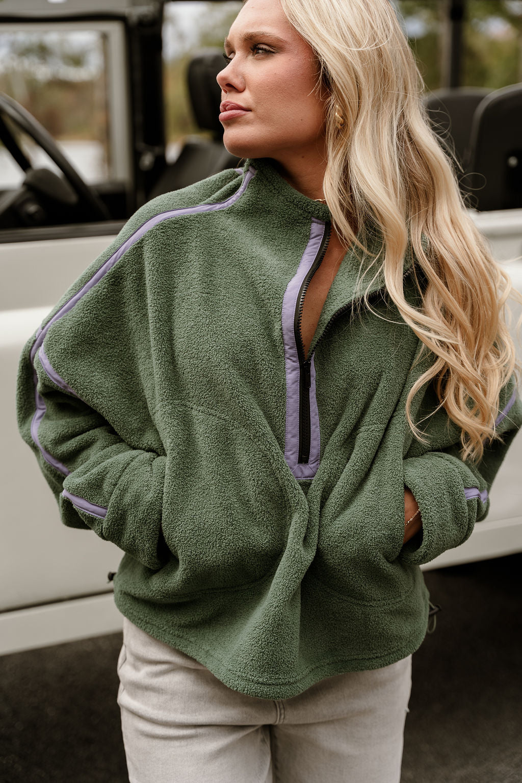 Gia Green & Lavender Quarter Zip Pullover - Lizard Thicket