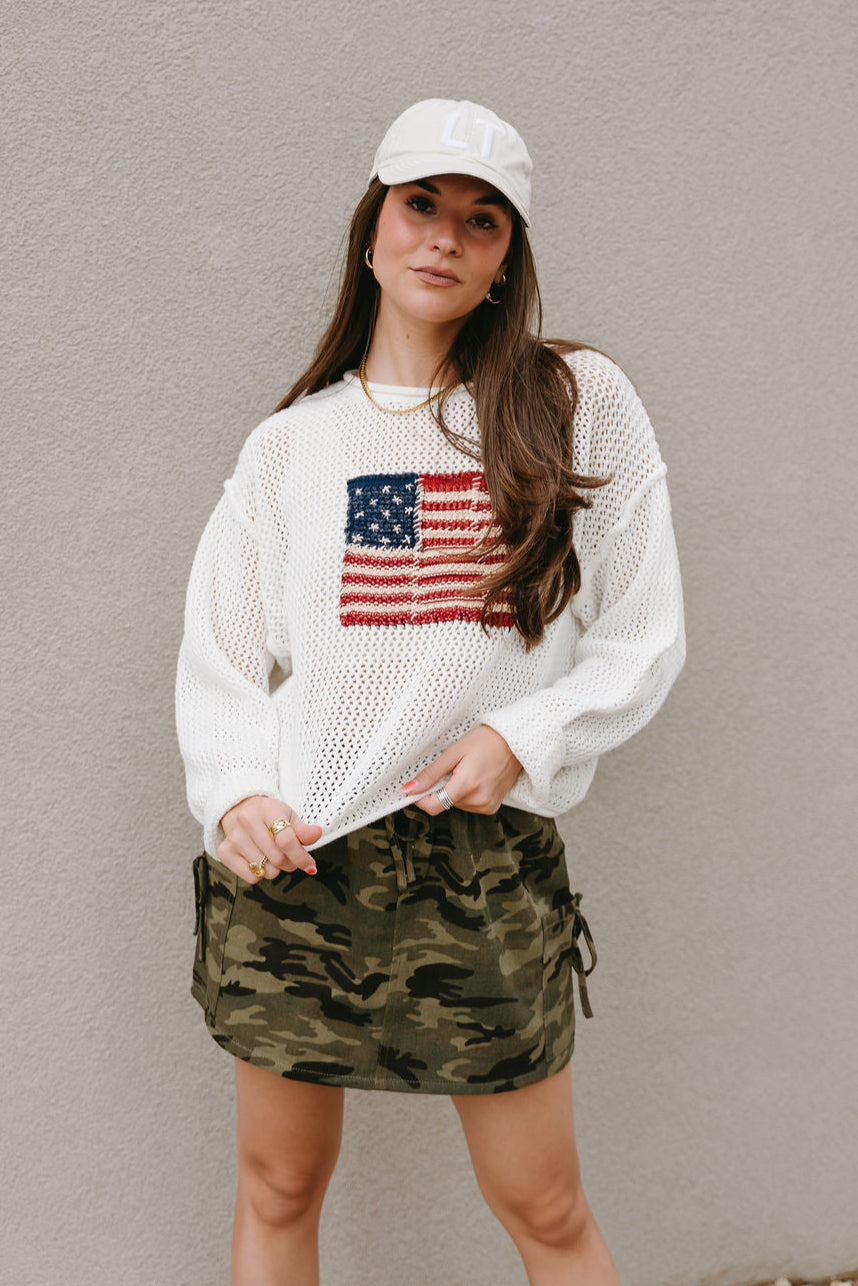 Americana Flag Ivory Knit Long Sleeve Top - Lizard Thicket