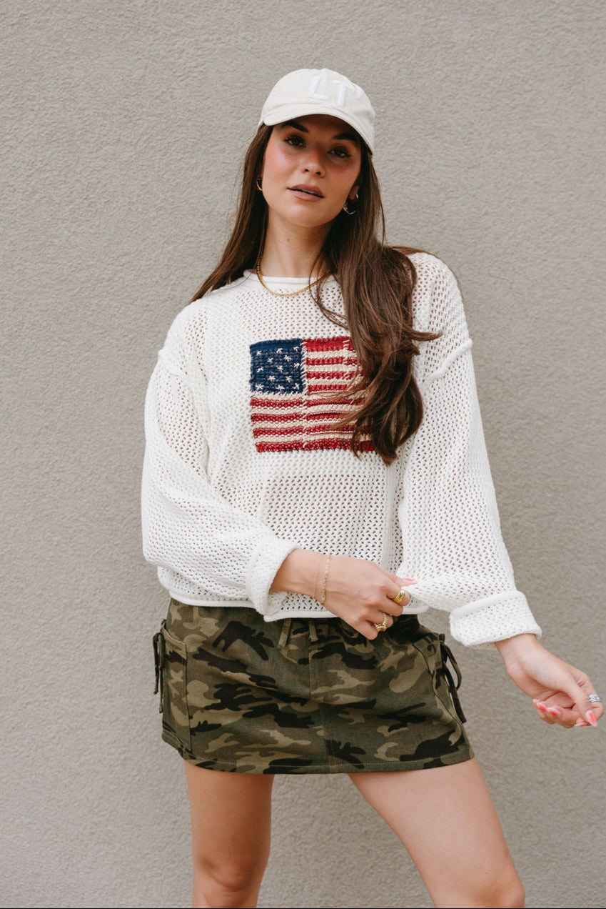 Americana Flag Ivory Knit Long Sleeve Top - Lizard Thicket